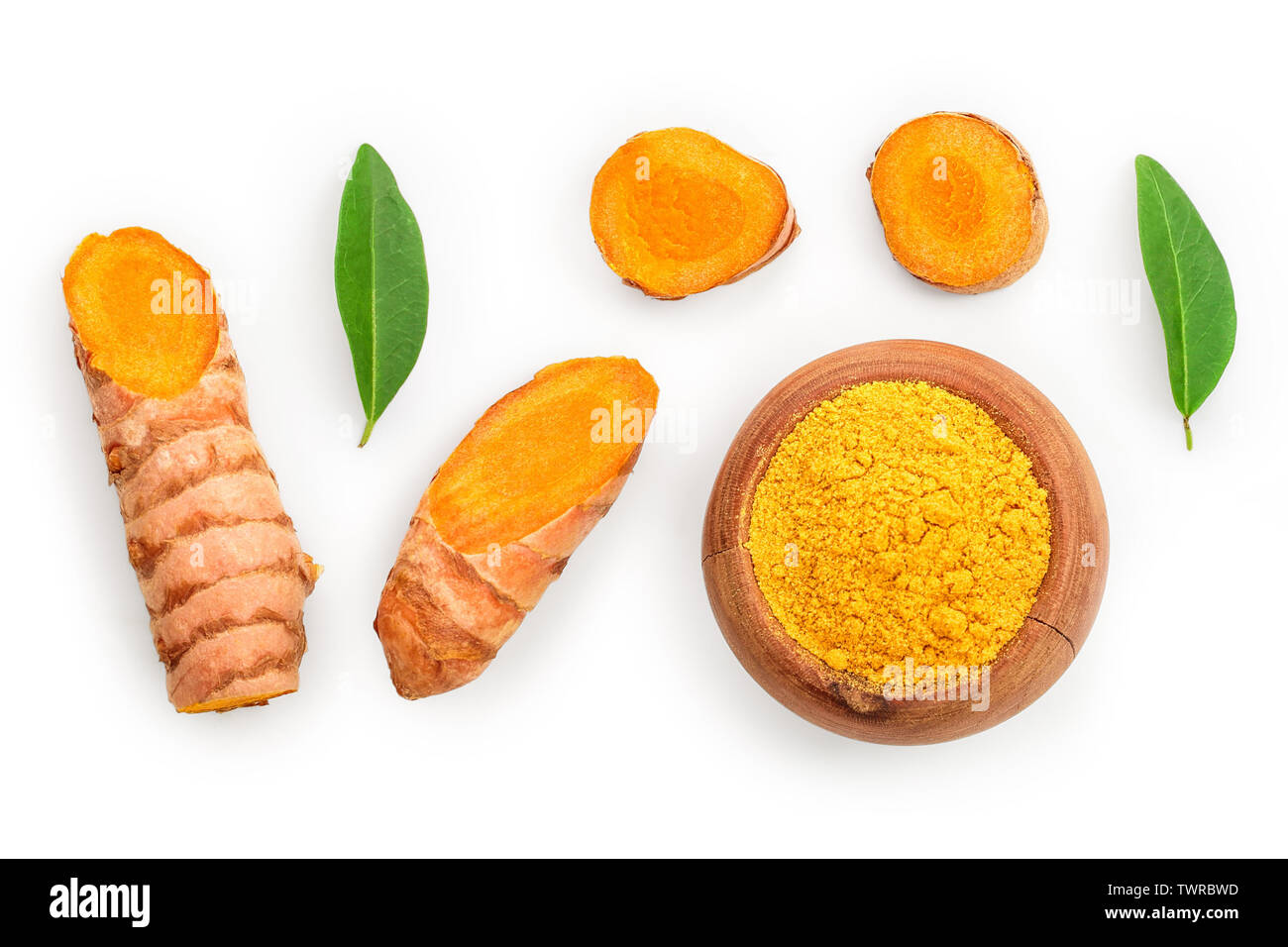 Turmeric powder and turmeric root isolated on white background with ...