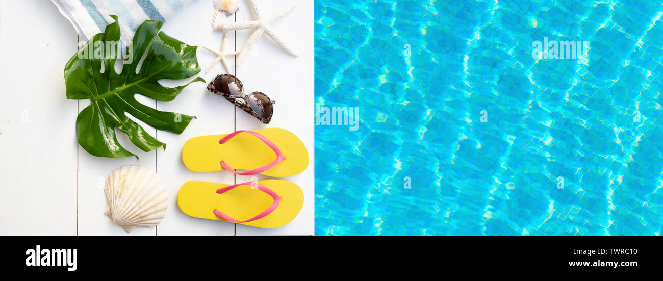 Summer flat lay scenery near pool with flip flops banner Stock Photo ...