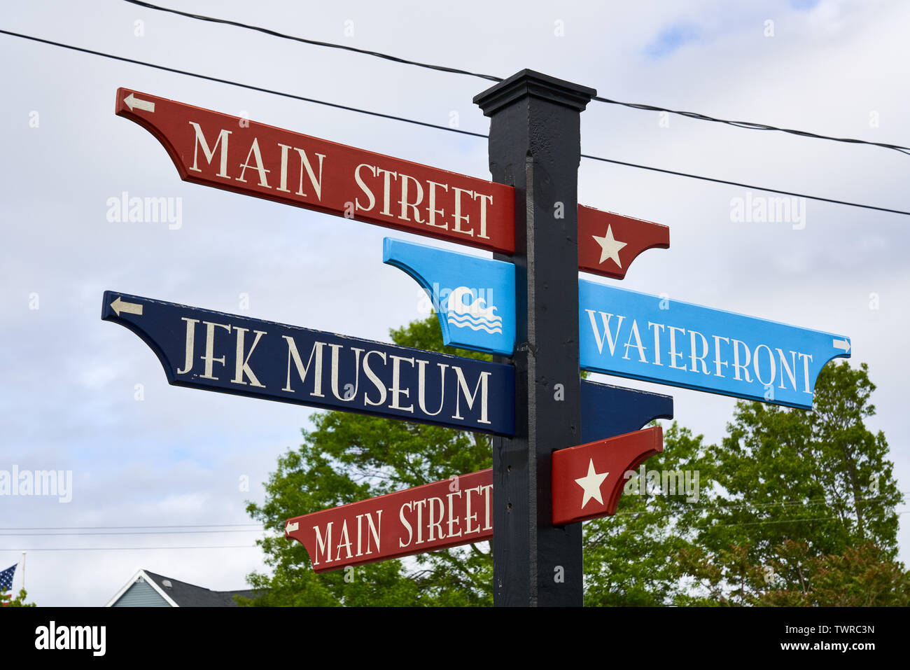 colorful red and blue street sign in Hyannis, Massachusetts with ...