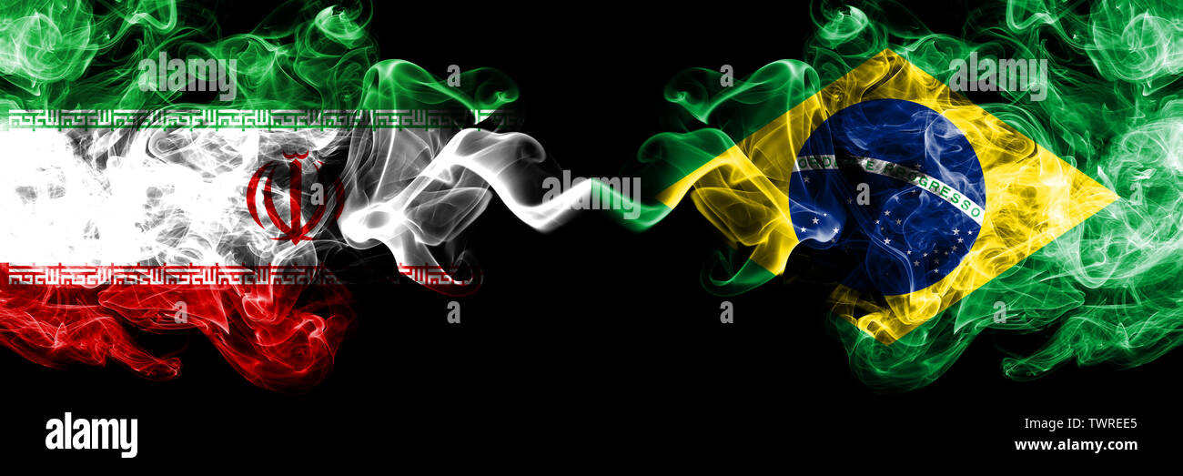 Iran vs Brazil, Brazilian smoky mystic states flags placed side by side ...