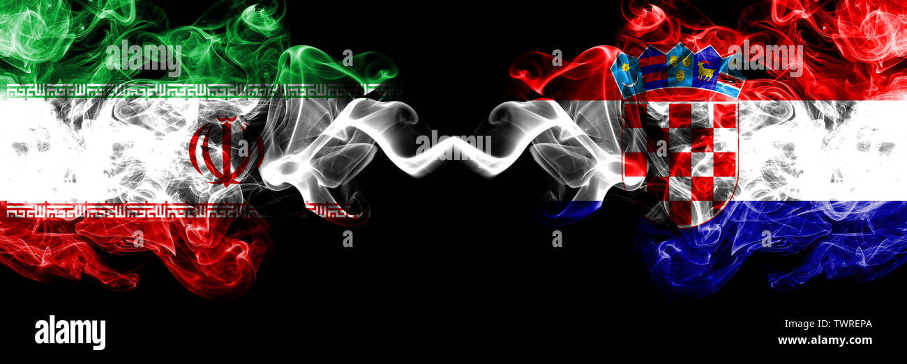 Iran vs Croatia, Croatian smoky mystic states flags placed side by side ...
