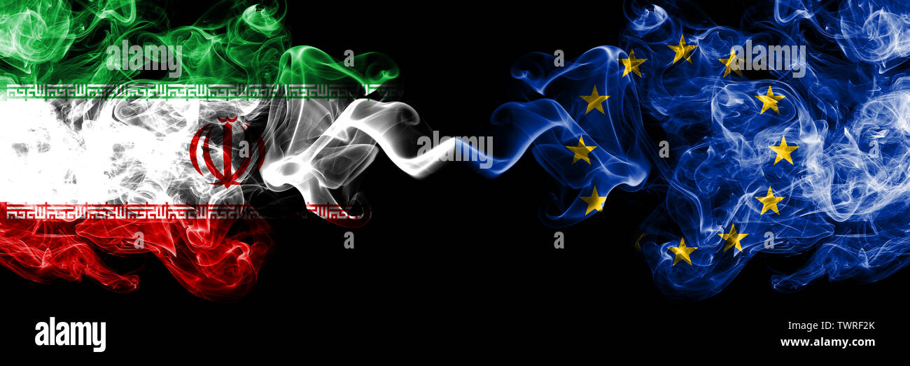 Iran vs European Union, EU smoky mystic states flags placed side by ...