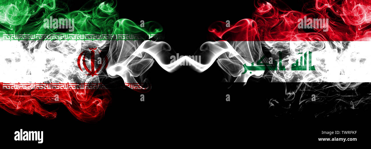 Iran vs Iraq, Iraqi smoky mystic states flags placed side by side ...