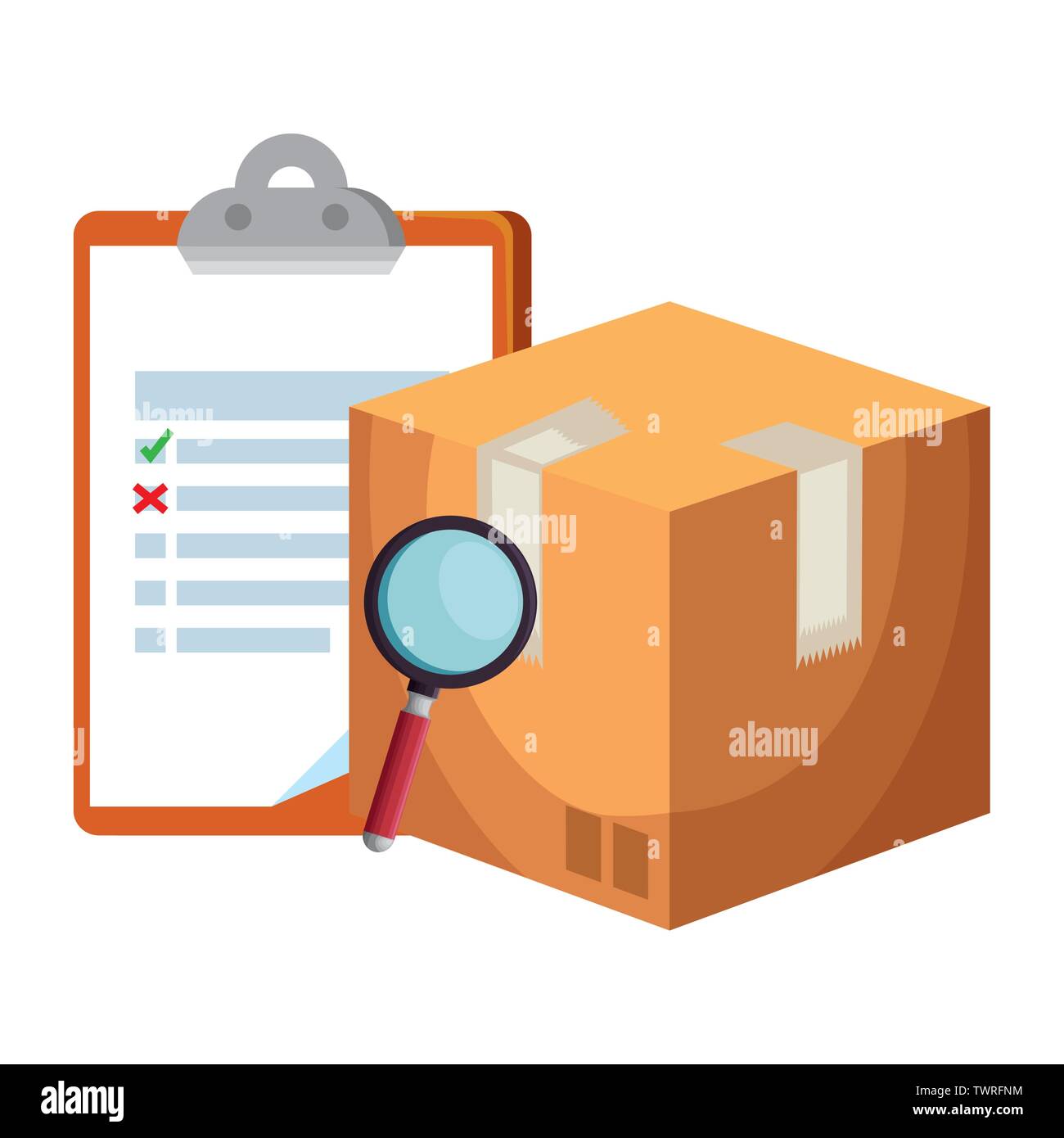 box carton with magnifying and checklist delivery service Stock Vector ...
