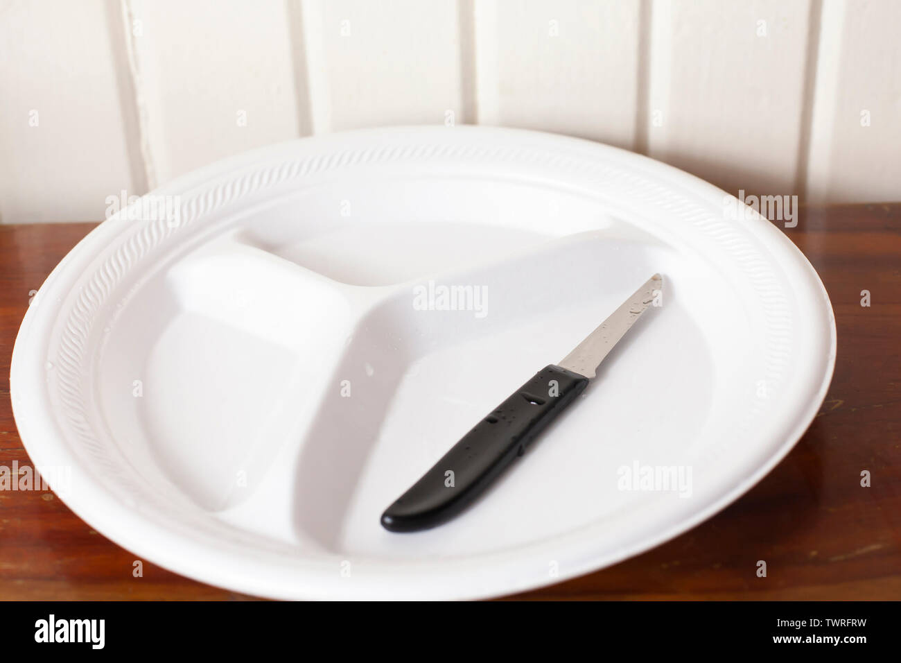 Empty white styrofoam plate with a single paring knife Stock Photo - Alamy
