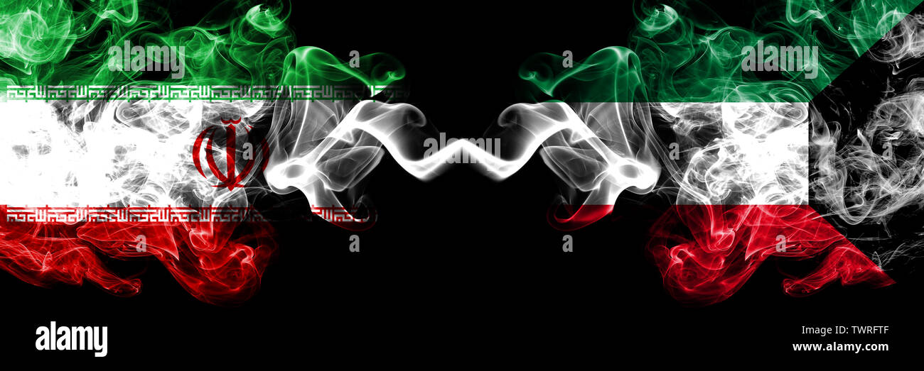 Iran vs Kuwait, Kuwaiti smoky mystic states flags placed side by side ...