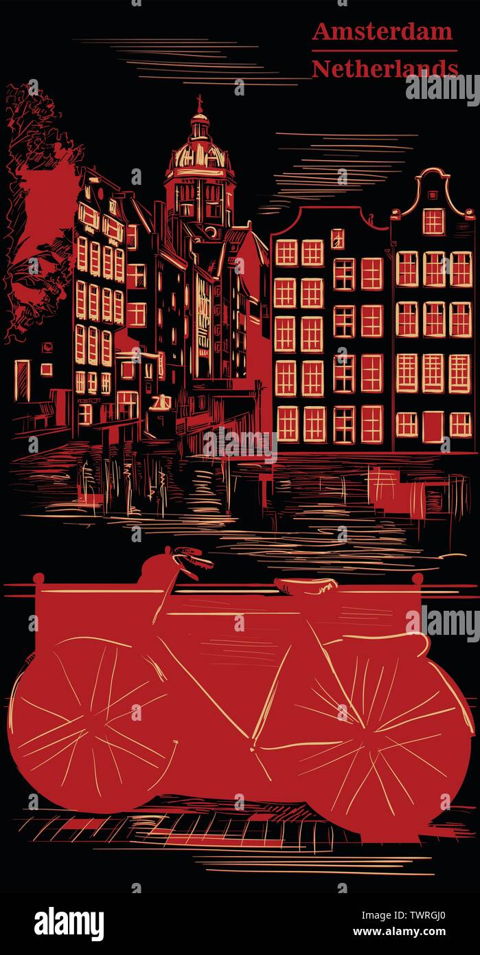 Bicycle on bridge over the canal of Amsterdam, Netherlands. Landmark of ...