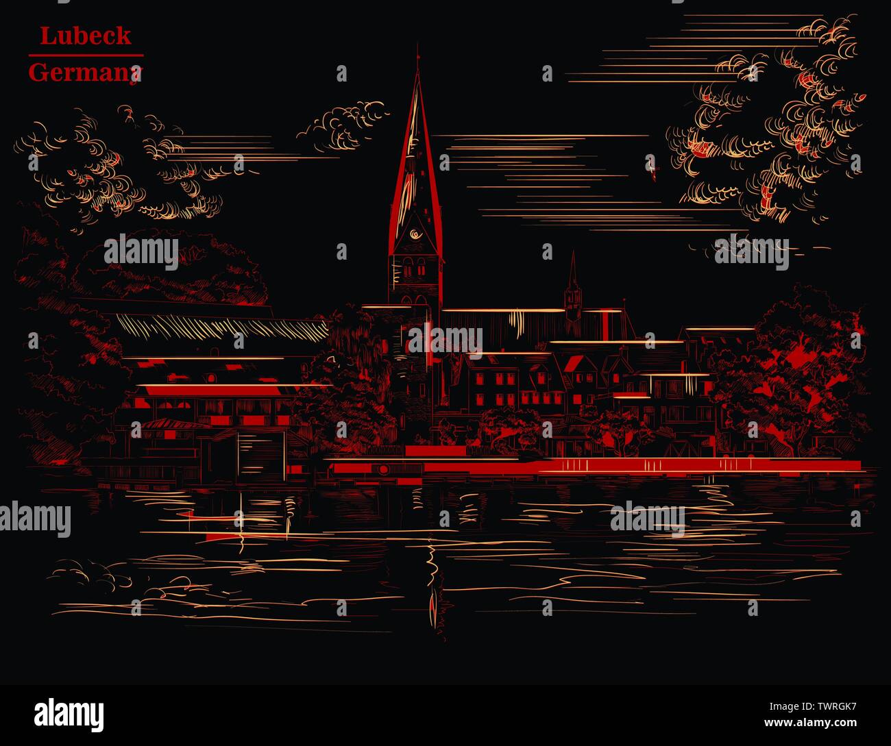 View on Church of St. Mary in Lubeck in Germany. Vector monochrome ...