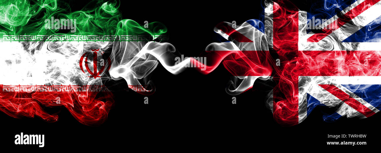 Iran vs United Kingdom, British smoky mystic states flags placed side ...