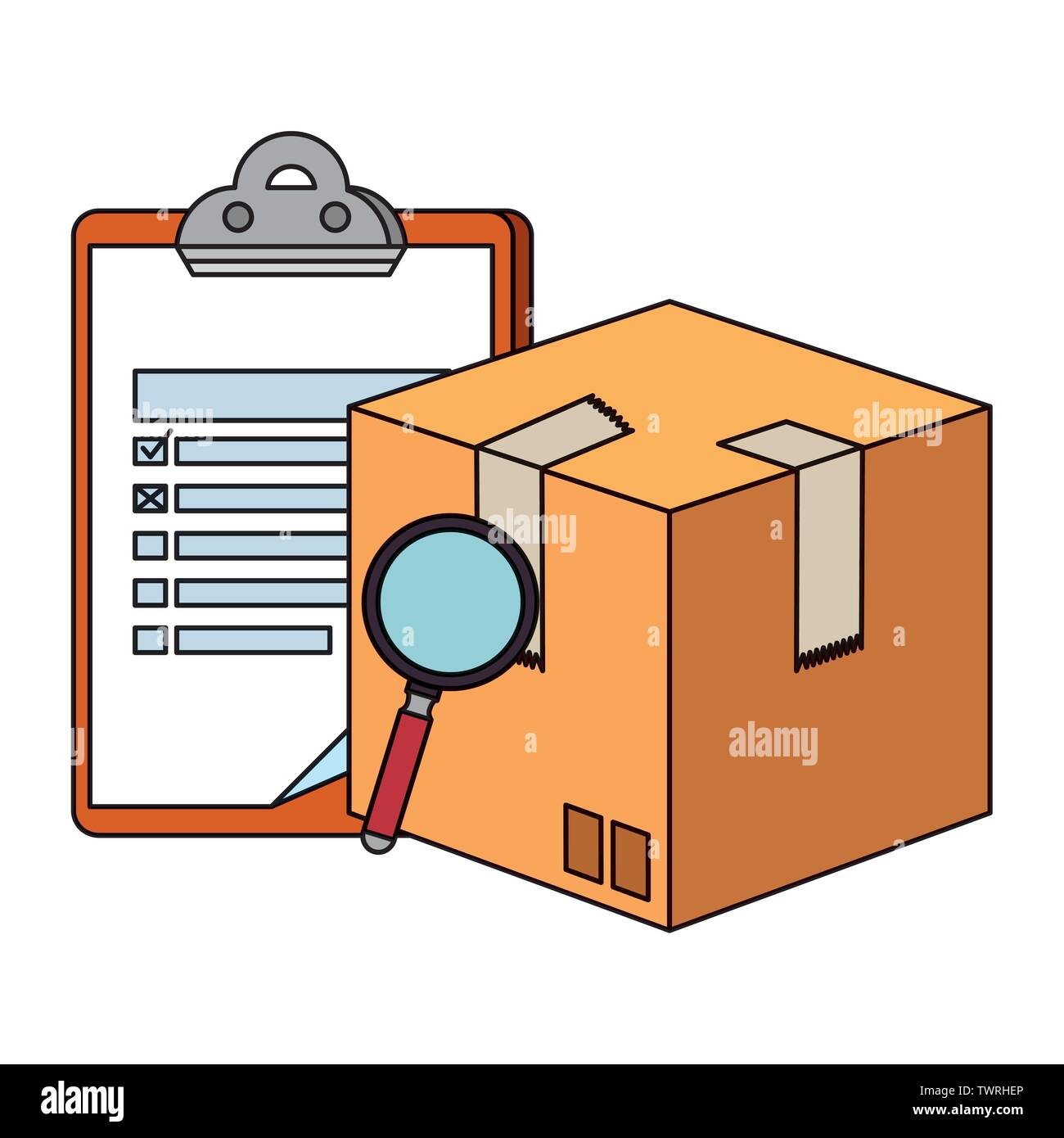 box carton with magnifying and checklist delivery service Stock Vector ...