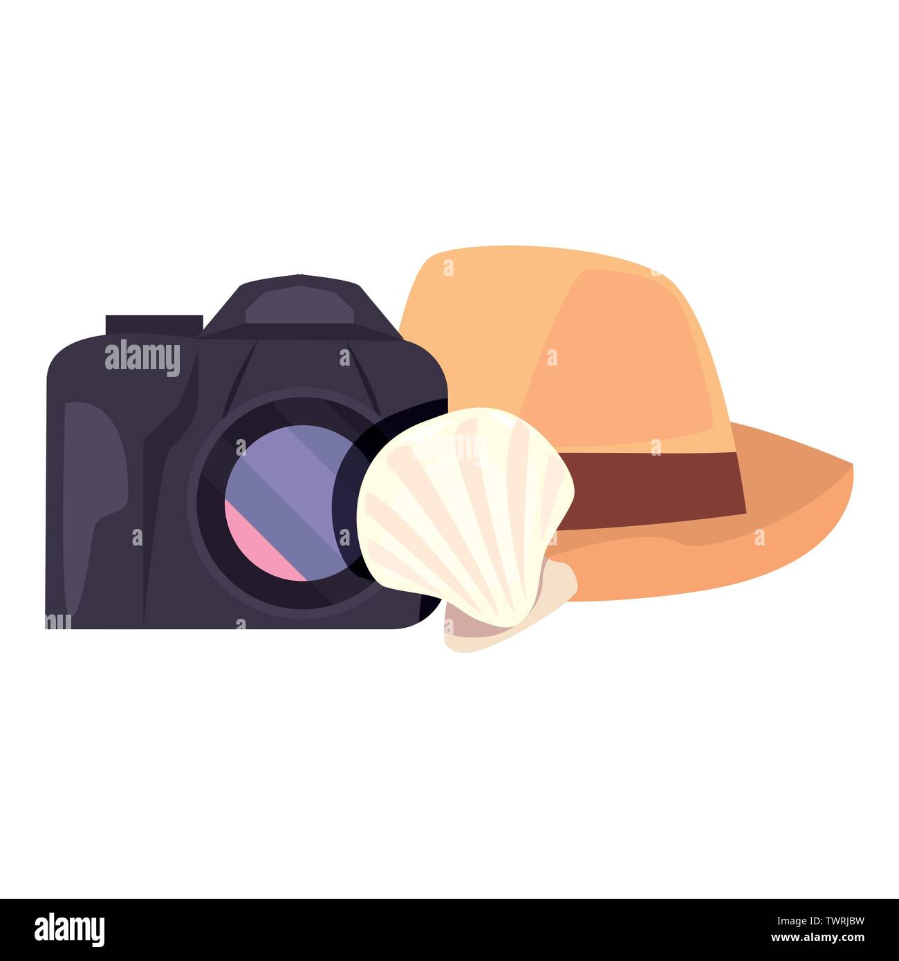 summer time holiday camera hat and shell vector illustration Stock ...