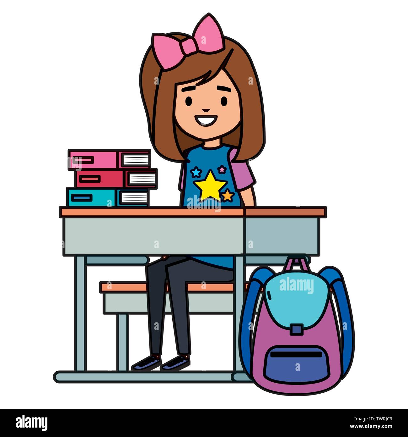 student girl seated in school desk with books and bag Stock Vector ...