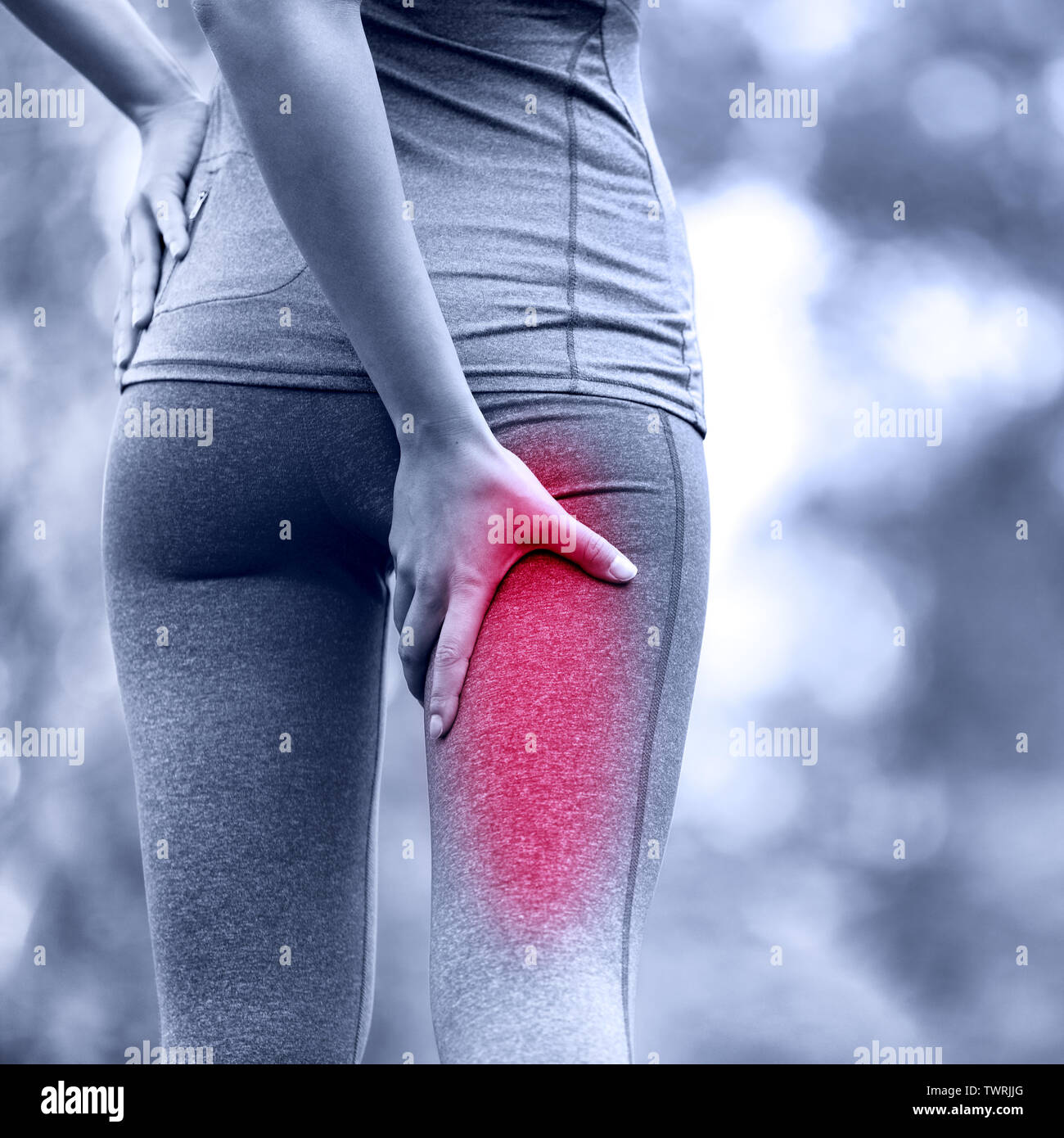 Hamstring sprain or cramps. Running sports injury with female runner ...