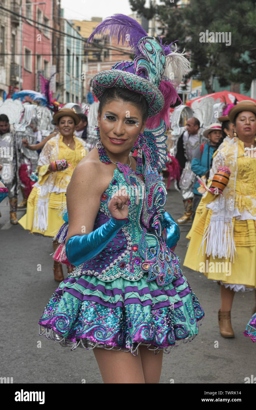 Costumed dancer at the colorful Gran Poder Festival, La Paz, Bolivia ...