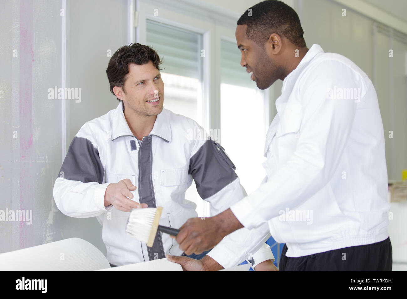 professional decorating team preparing to wallpaper a room Stock Photo ...