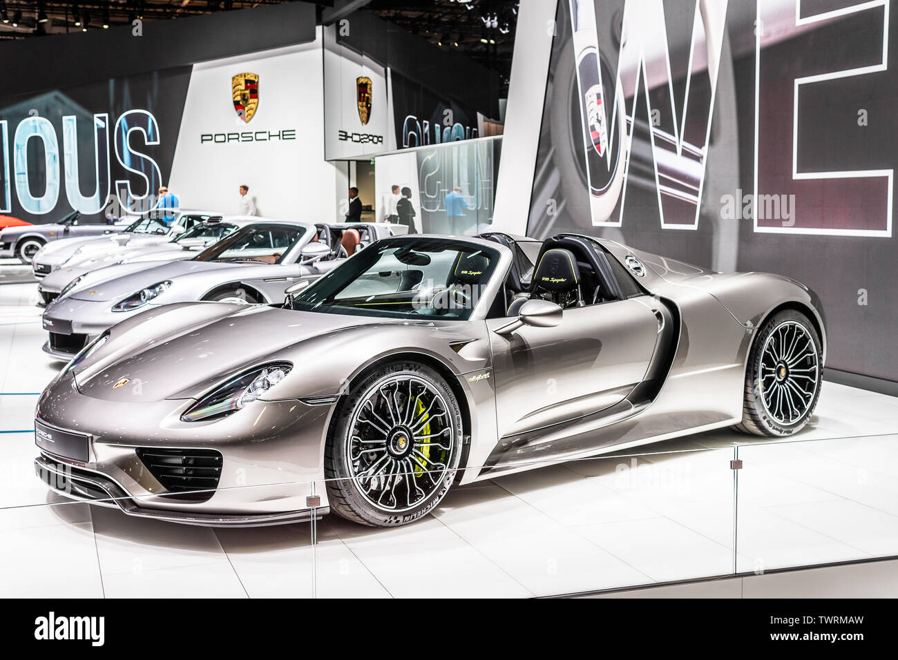 Paris, France, October 02, 2018: metallic silver Porsche 918 Spyder at ...