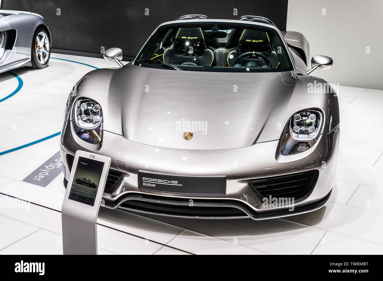 Paris, France, October 02, 2018: metallic silver Porsche 918 Spyder at ...
