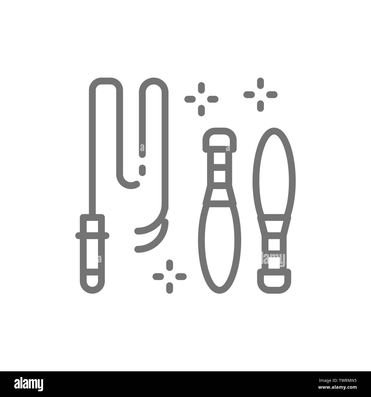 Circus equipment, juggling clubs set and whip line icon Stock Vector ...