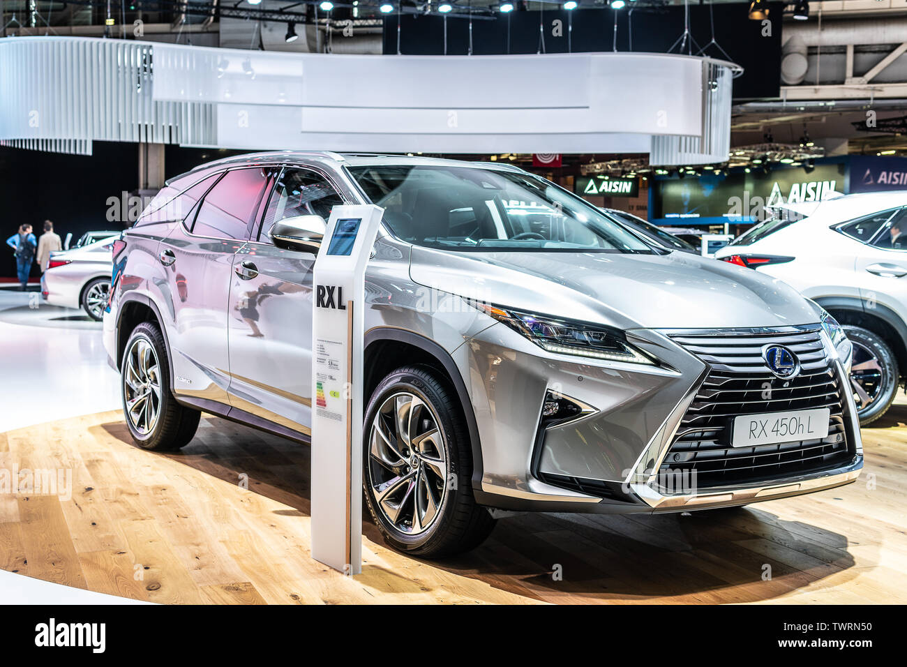 Paris, France, Oct 03, 2018 silver LEXUS RX 450h L hybrid SHARPENED ...