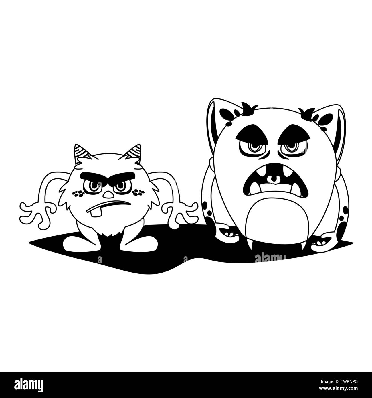 funny monsters couple comic characters monochrome vector illustration ...