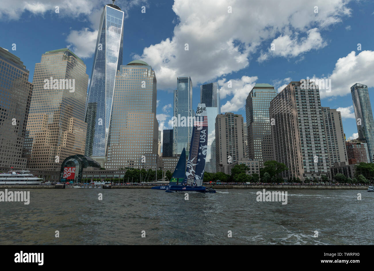 New York, NY - June 22, 2019: SailGP Team USA sails their race yacht ...