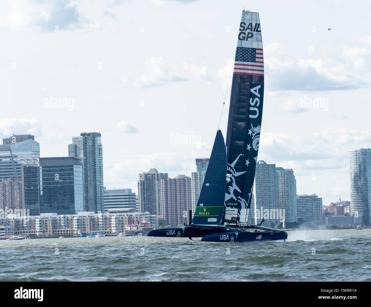 New York, NY - June 22, 2019: SailGP Team USA sails their race yacht ...