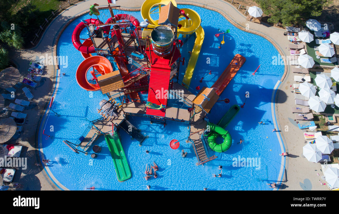 colorful water park aquapark water splash aerial top view of happy ...