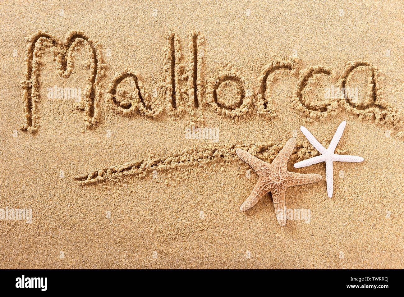 Mallorca majorca beach word sign message written in sand Stock Photo ...