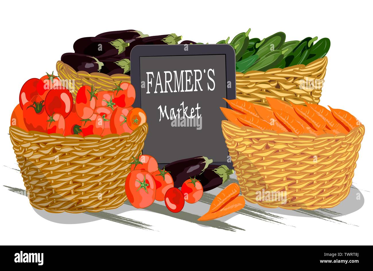 Farmer's market ,fresh vegetables in a basket. Organic food. Vector ...