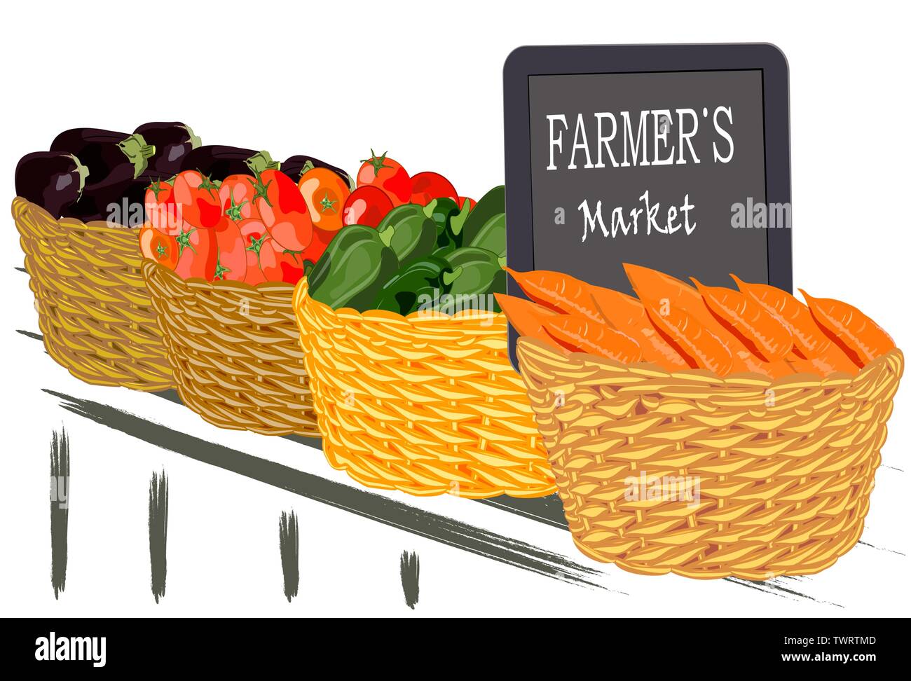Farmer's market ,fresh vegetables in a basket. Organic food. Vector ...