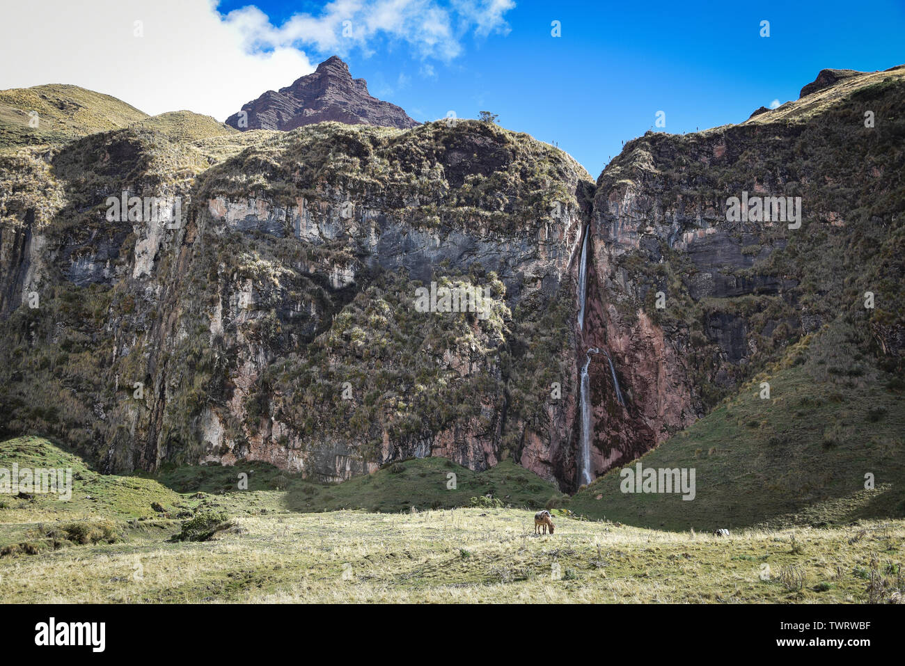 Waterfall in the Qesqa Valley on the Ancasocha trek. Cusco, Peru Stock ...
