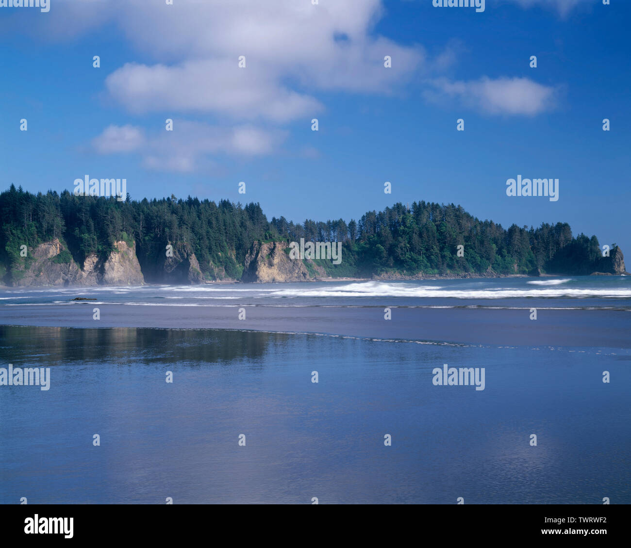 USA, Washington, Olympic National Park, Sea stacks, waves and coastline ...