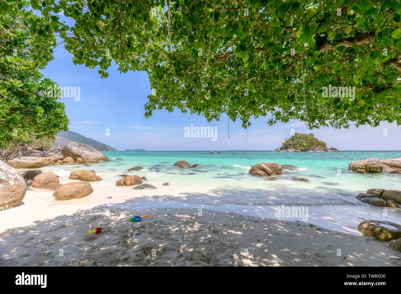 Beautiful white beach with shady tree on tropical sea at lipe island ...