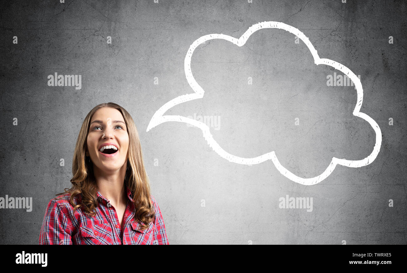 Happy charming girl smiling wide. Emotional young woman has surprised ...