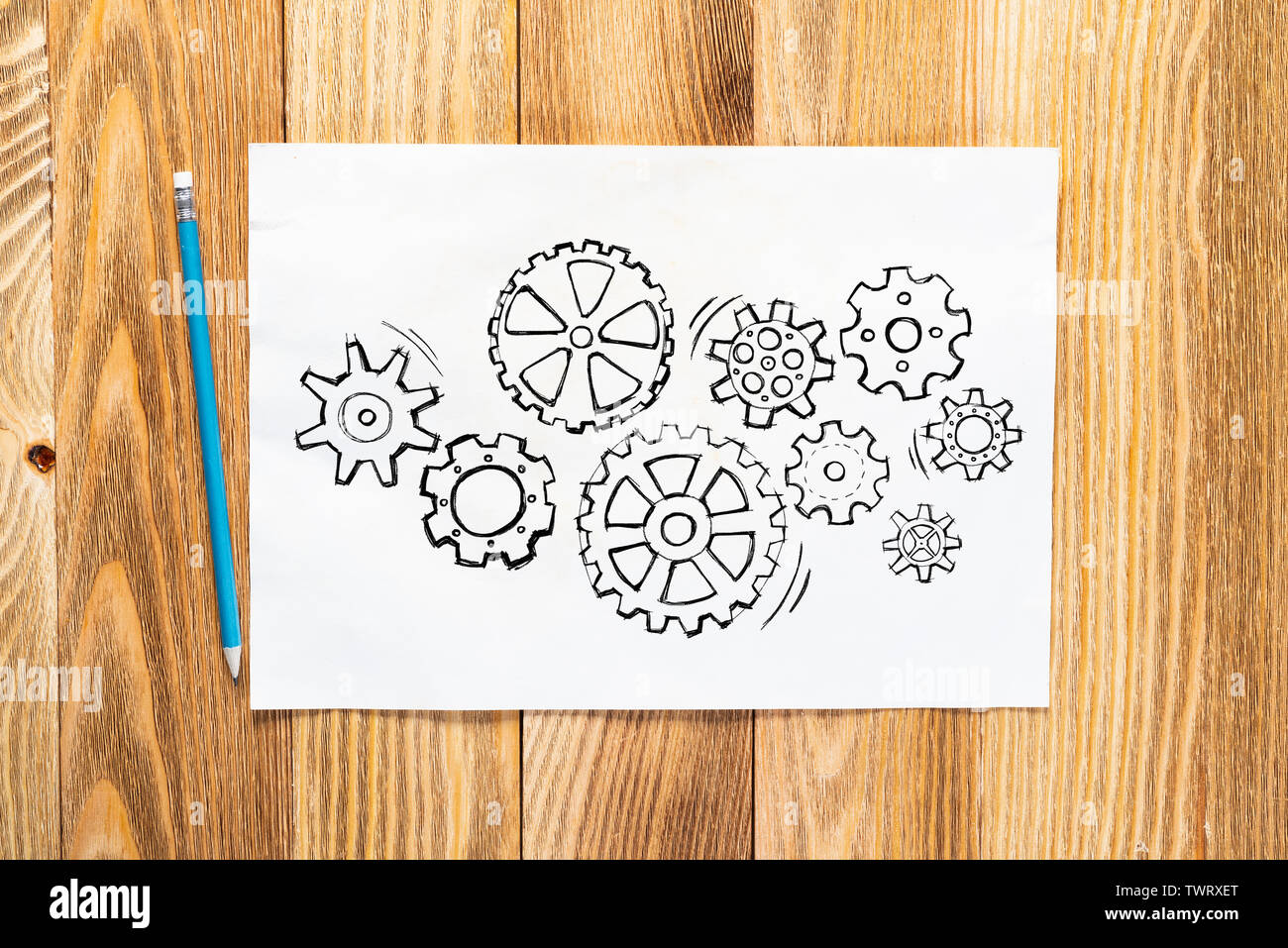 Group of rotating gears pencil hand drawn. Machine mechanism with ...