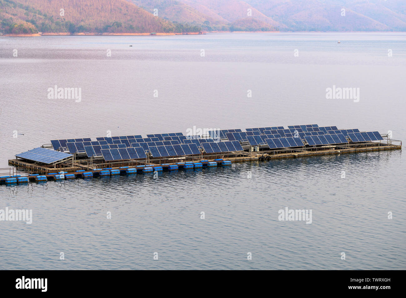 Solar cell system panel a renewable power floating on dam Stock Photo ...