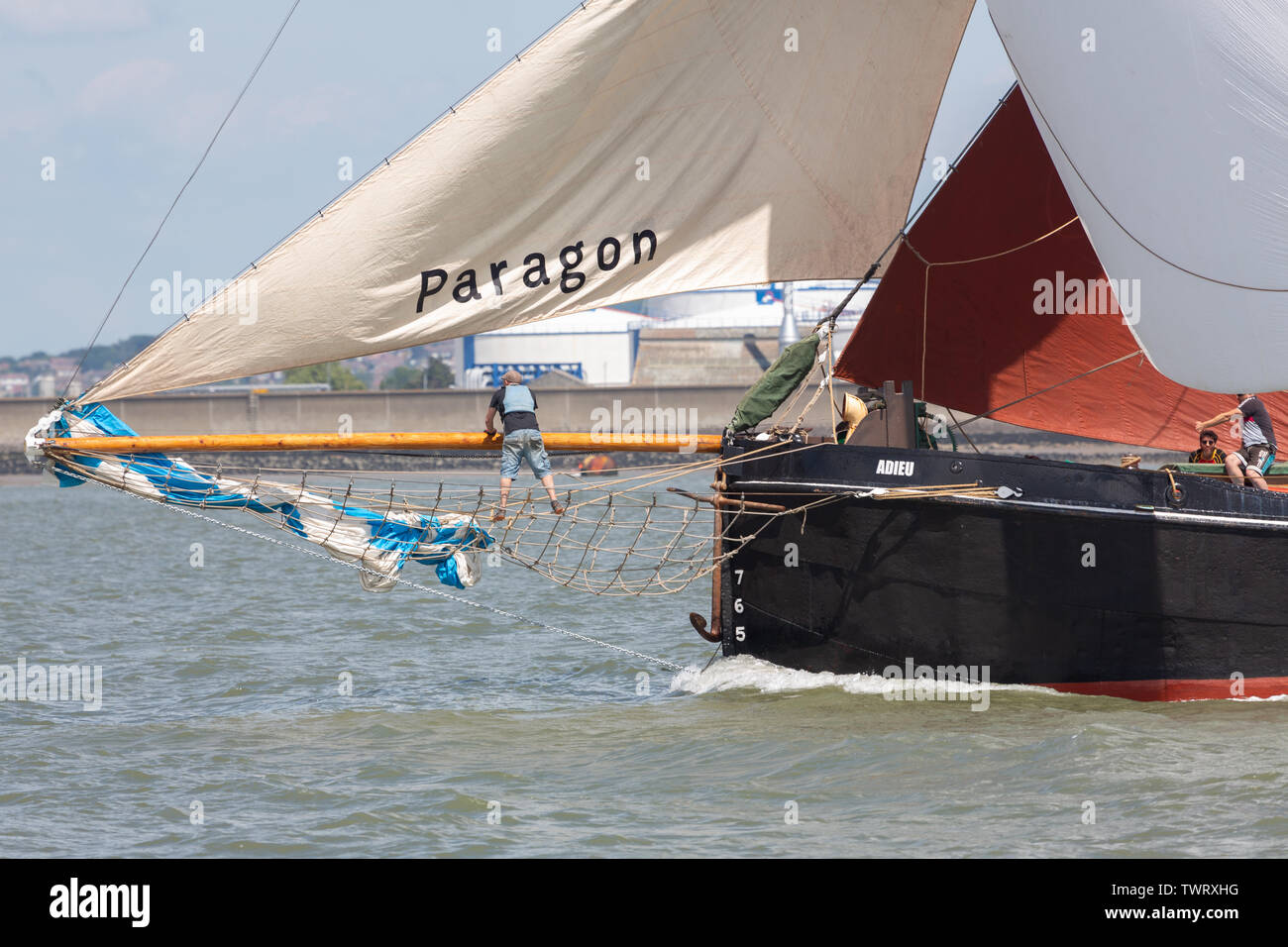 Thames Estuary, United Kingdom. 22nd June, 2019. Crewmember on Adieu ...