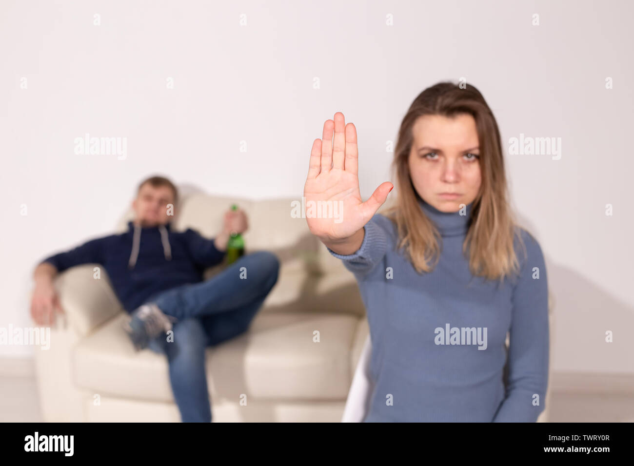 People, domestic violence and abuse concept - Woman shows stop abusing ...