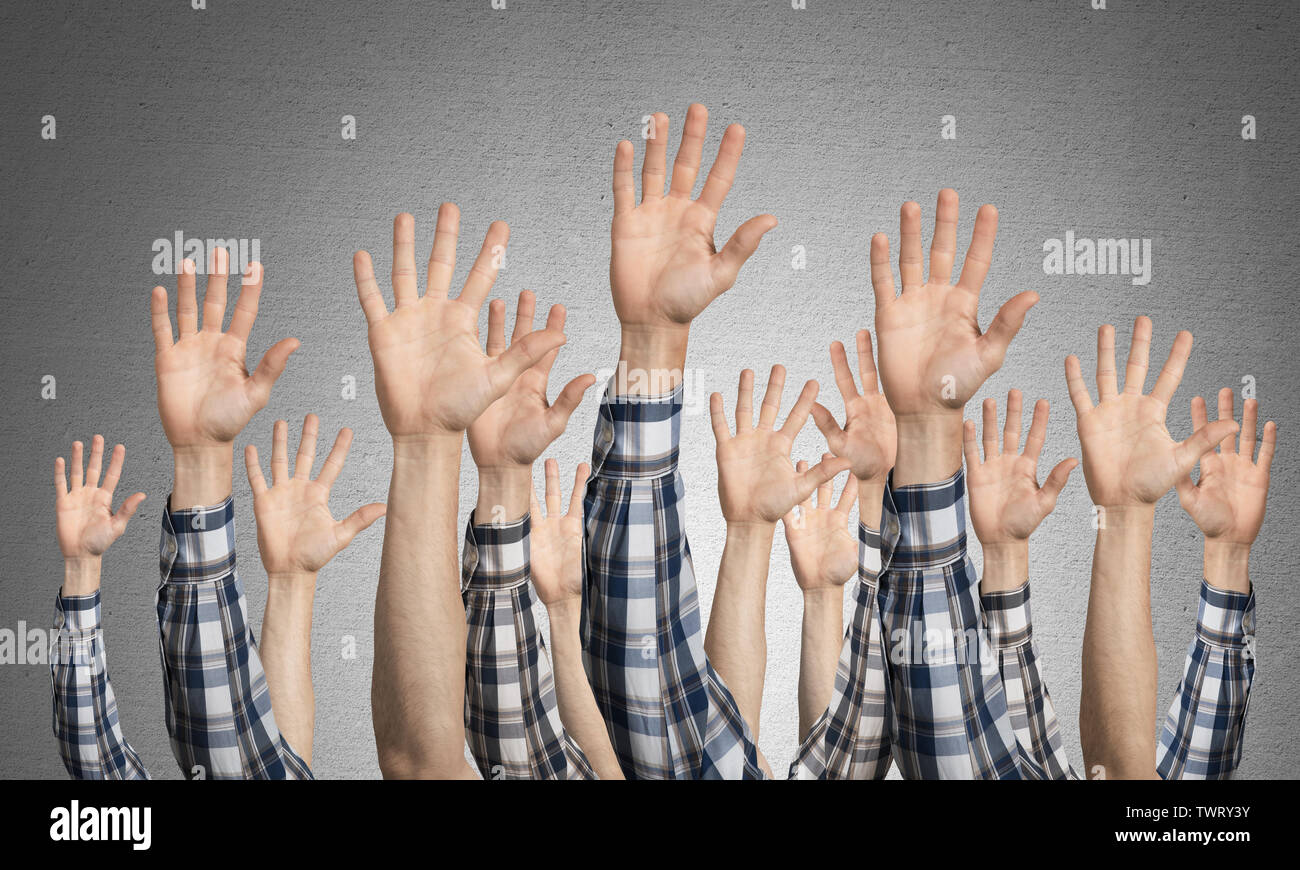 Row of man hands showing five spread fingers gesture. Hello or help ...