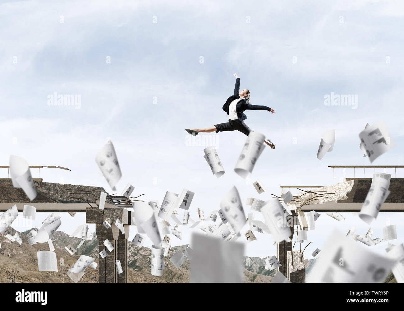 Business woman jumping over gap in bridge among flying papers as symbol ...