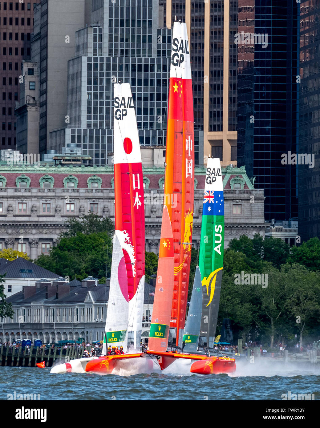 New York, USA. 22nd June, 2019. Sail GP F50 catamarans of teams Japan ...