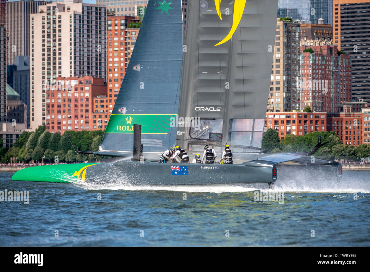 New York, USA. 22nd June, 2019. Team Australia SailGP F50 catamaran ...