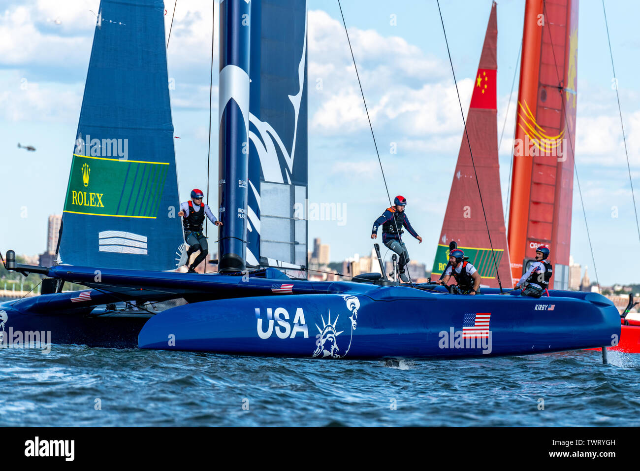 New York, USA. 22nd June, 2019. Team USA SailGP F50 catamaran sails in ...