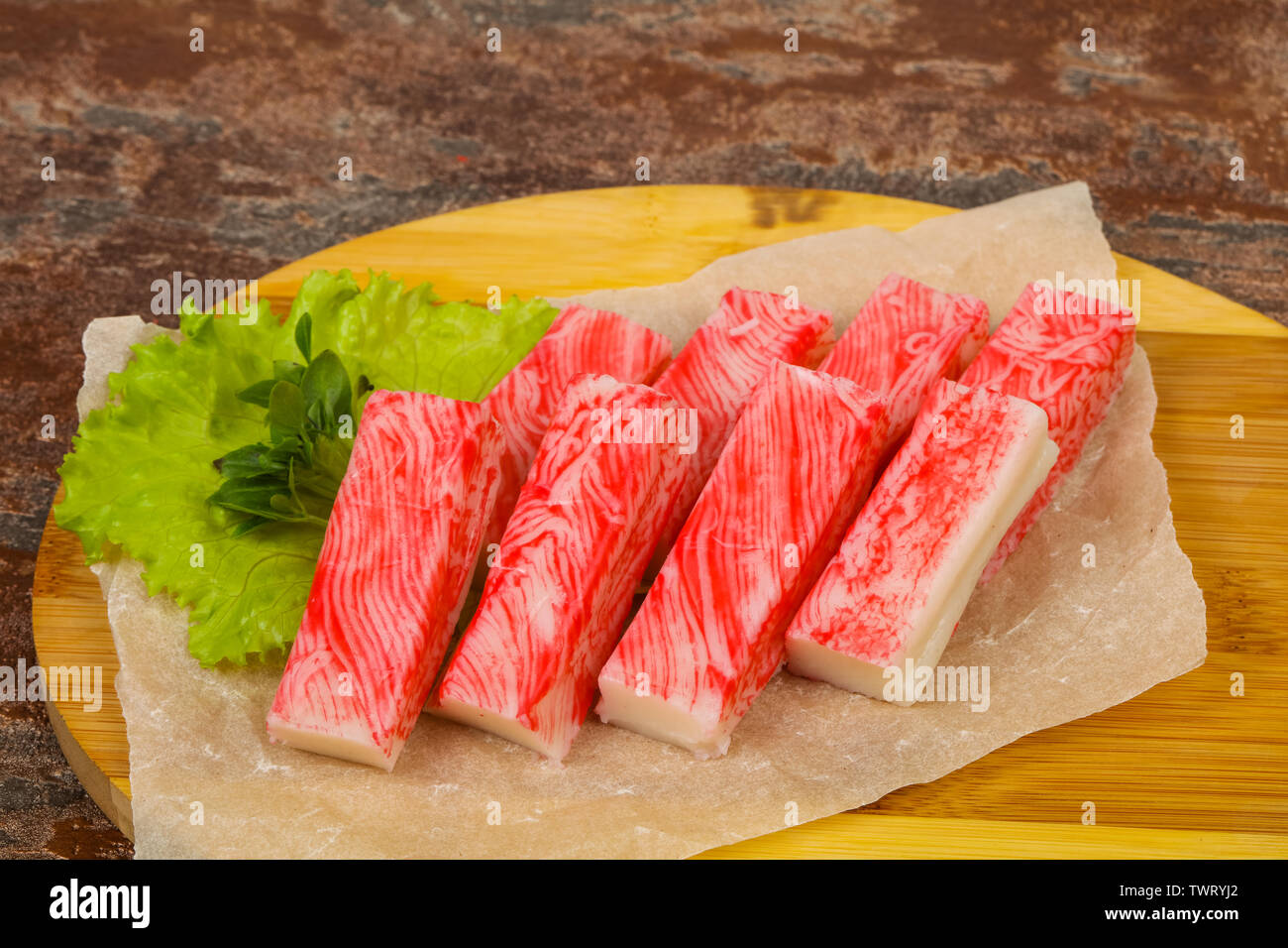 Crab surimi stick served salad leaves Stock Photo - Alamy