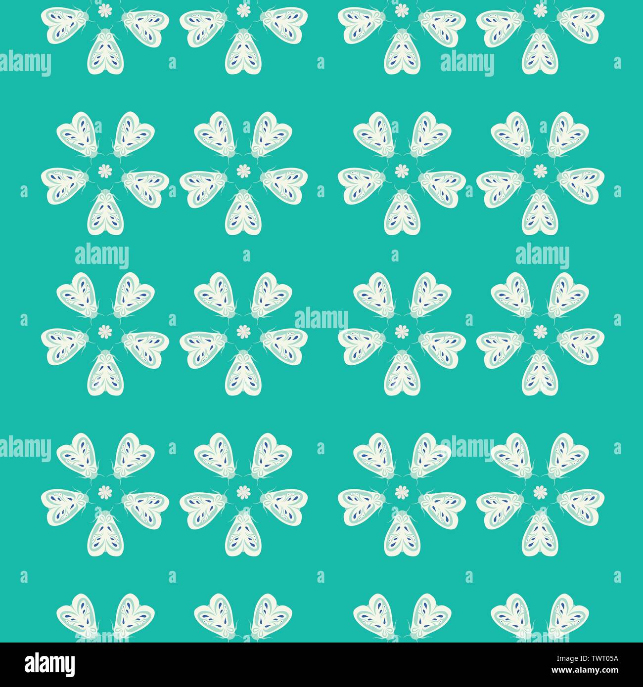Seamless repeat pattern background of green and cream moths in flowers ...
