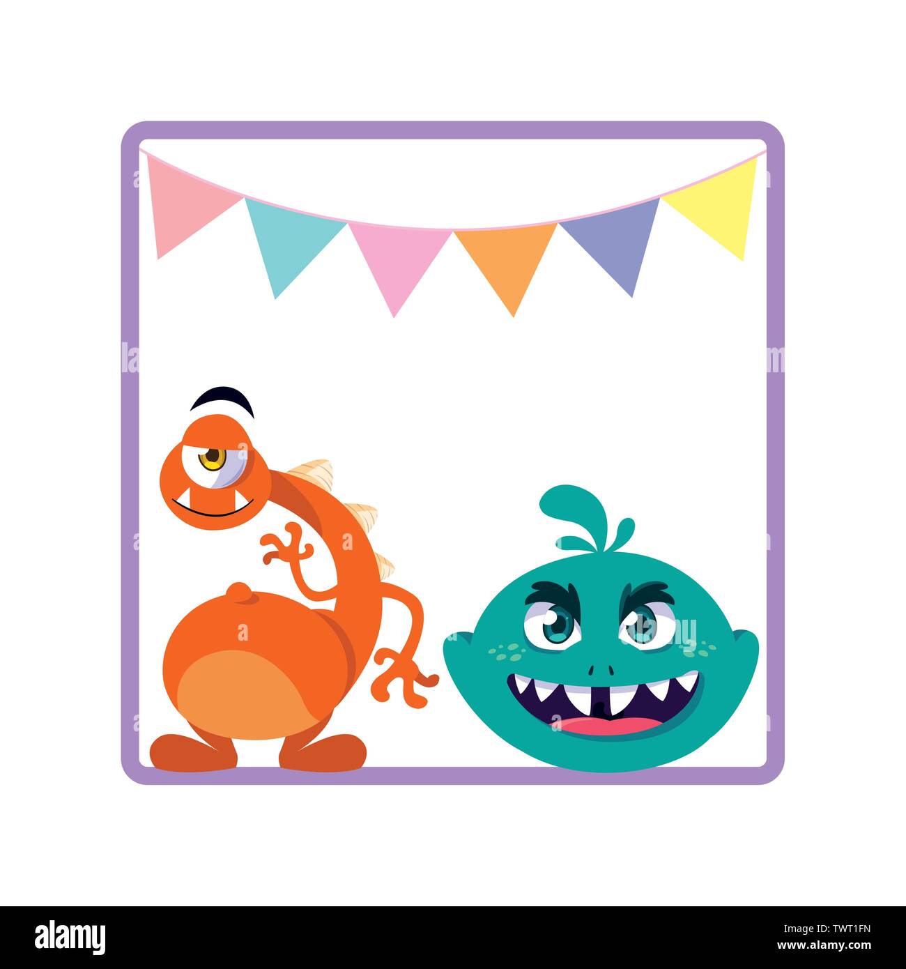 square frame with funny monsters and garlands hanging vector ...