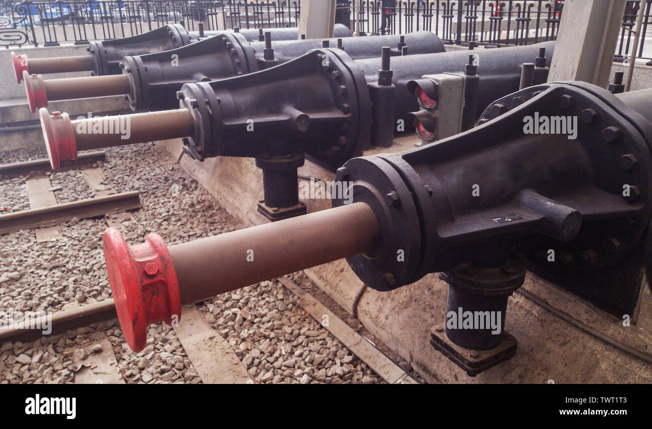 Safety stops at the station at the end of the railway track Stock Photo ...