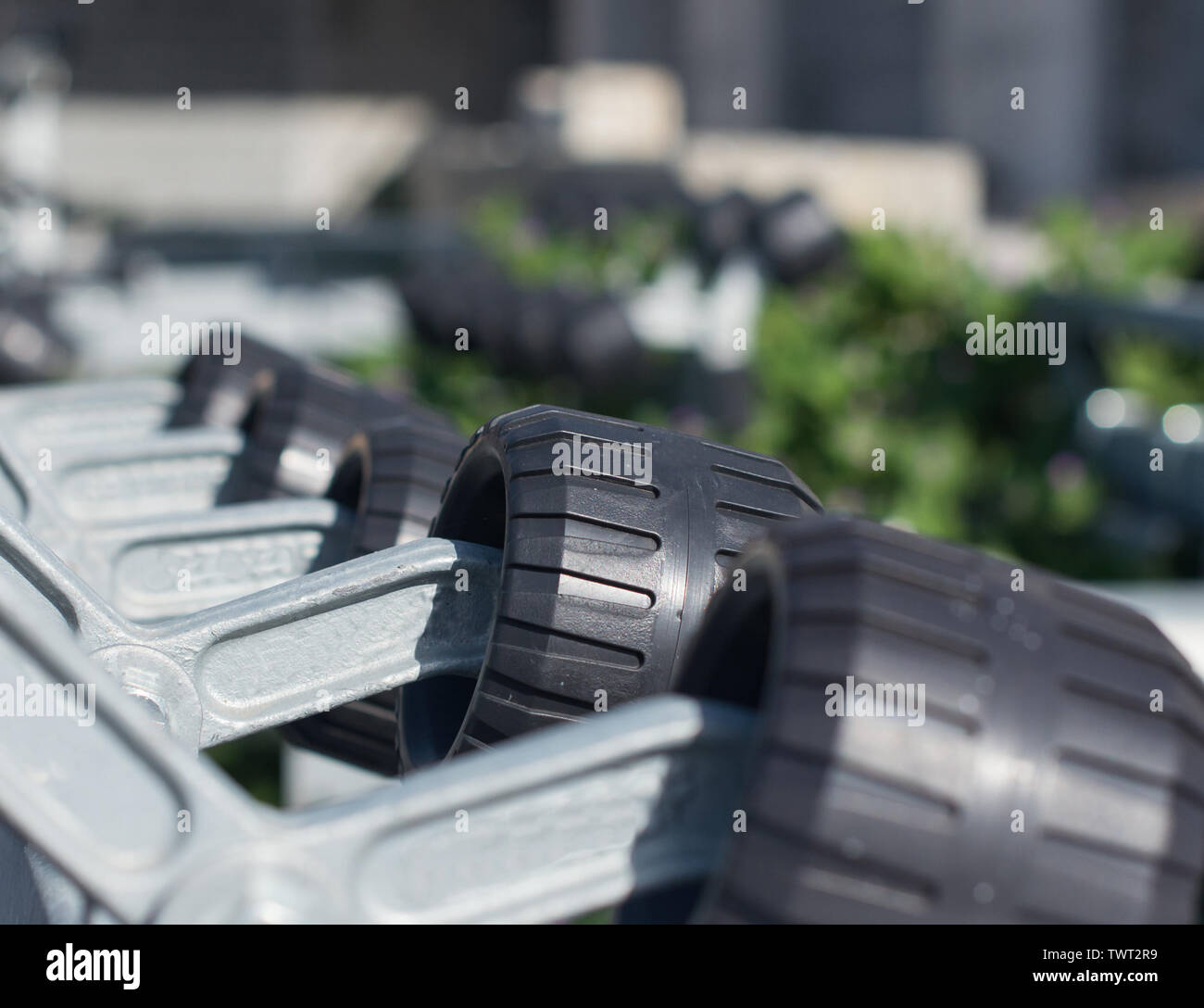Plastic trailer wheels for boat transportation. Selective focus Stock ...