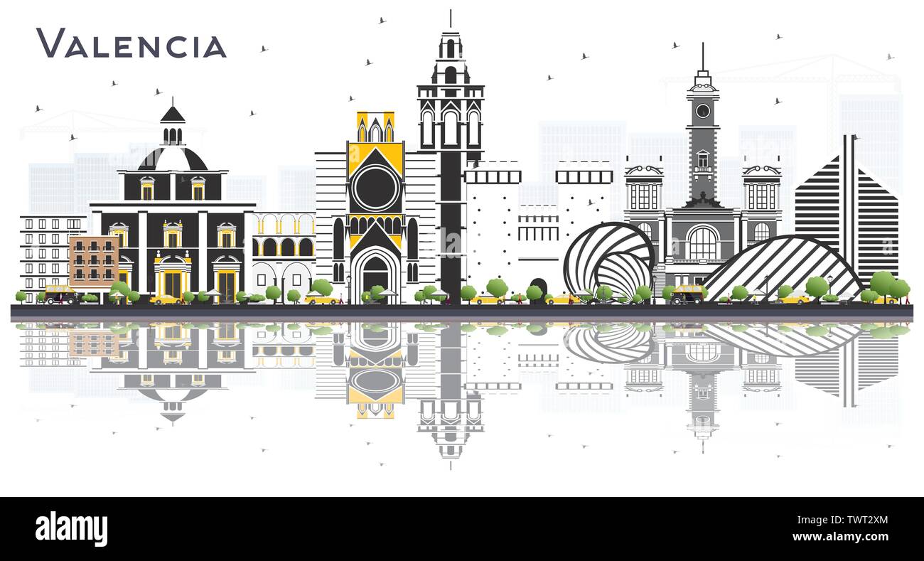 Valencia Spain City Skyline with Color Buildings and Reflections ...