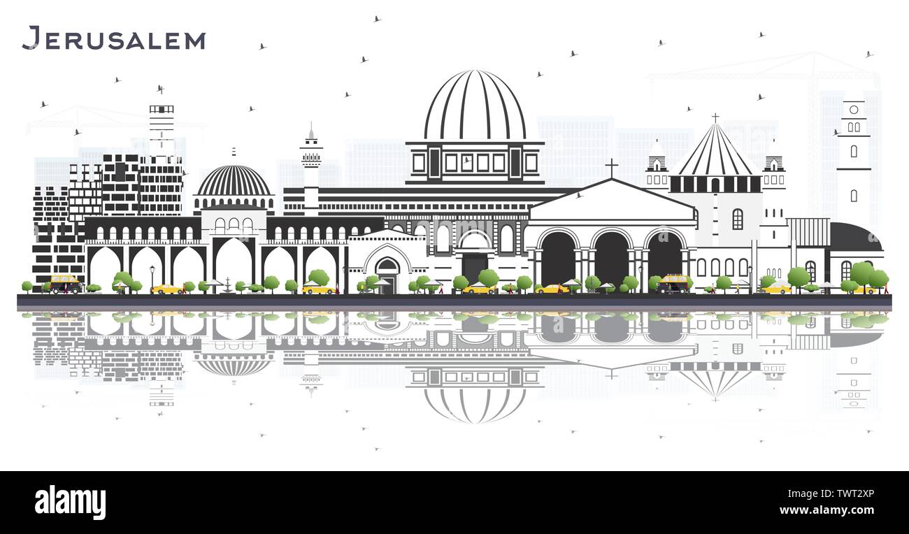 Jerusalem Israel Skyline with Gray Buildings and Reflections Isolated ...